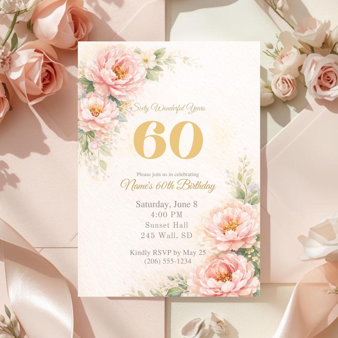 60th Birthday Invitation Template, Floral 60 Birthday Invite, Elegant ...