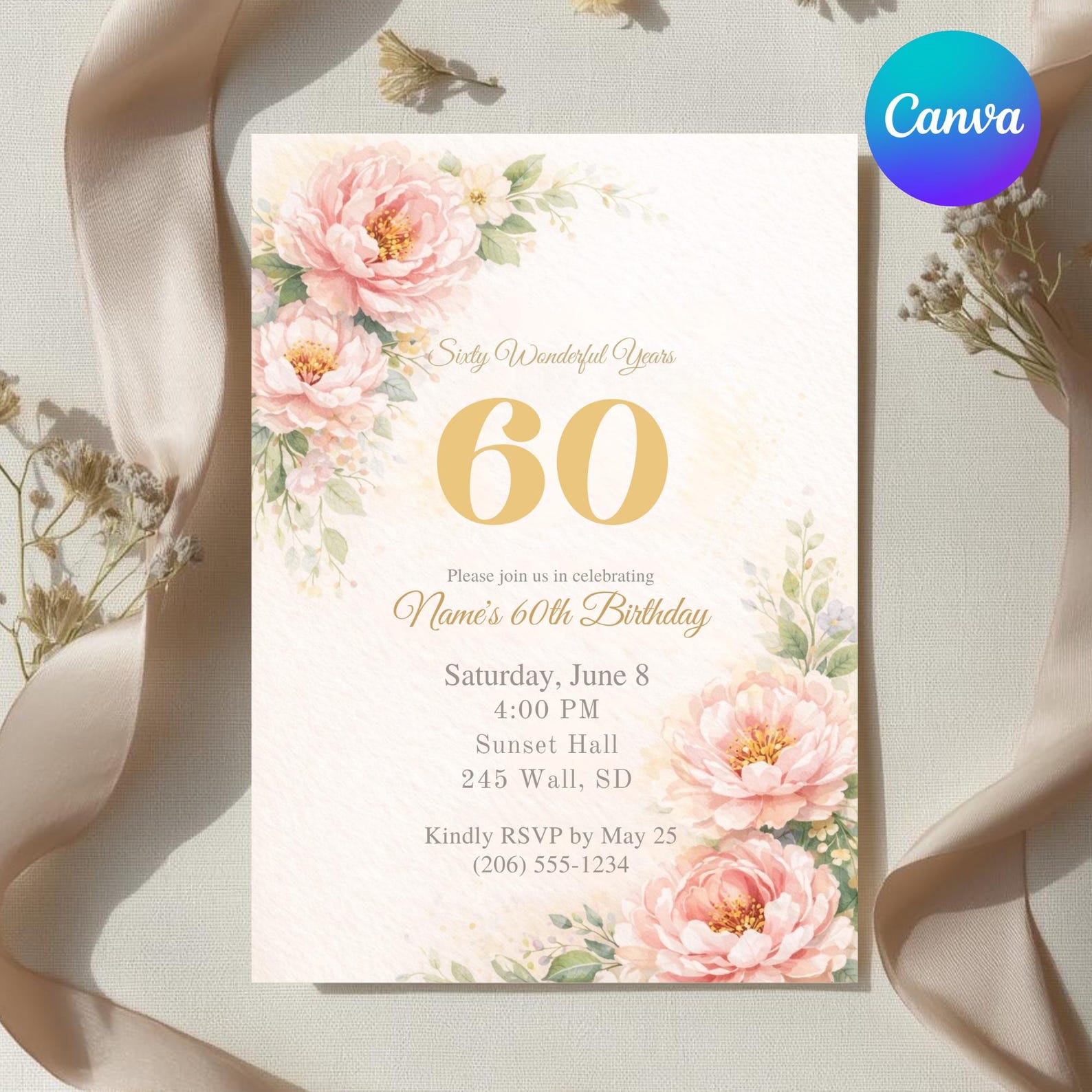60th Birthday Invitation Template, Floral 60 Birthday Invite, Elegant ...