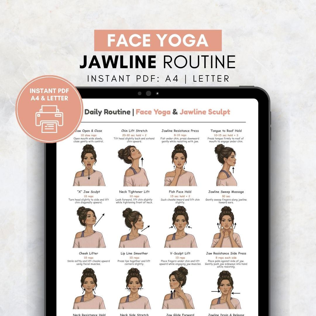 Face Yoga Routine Poster | Jawline & Neck Exercises Chart | Beginner ...