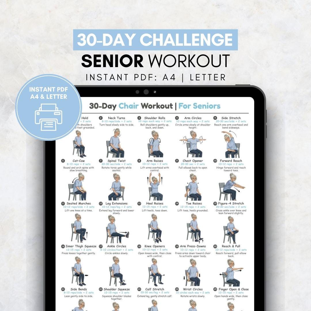 30 Day Chair Workout for Seniors, Seated Exercise Chart Printable PDF ...