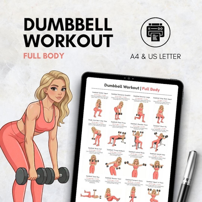 Full Body Dumbbell Workout Poster | Printable Home Dumbbell Exercises ...