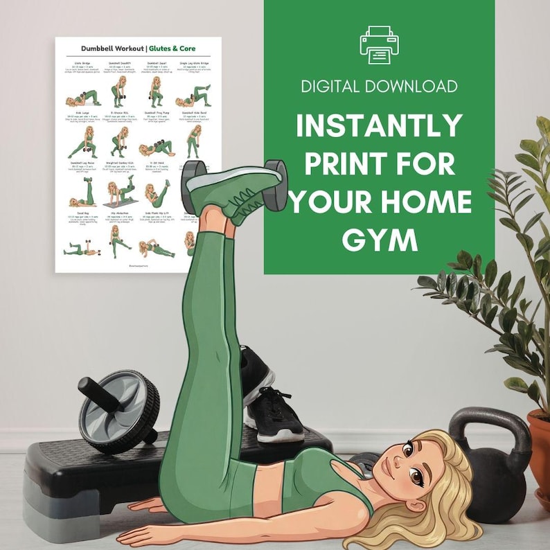 Dumbbell Glutes & Core Workout Poster | Glute Exercise Chart | Core ...