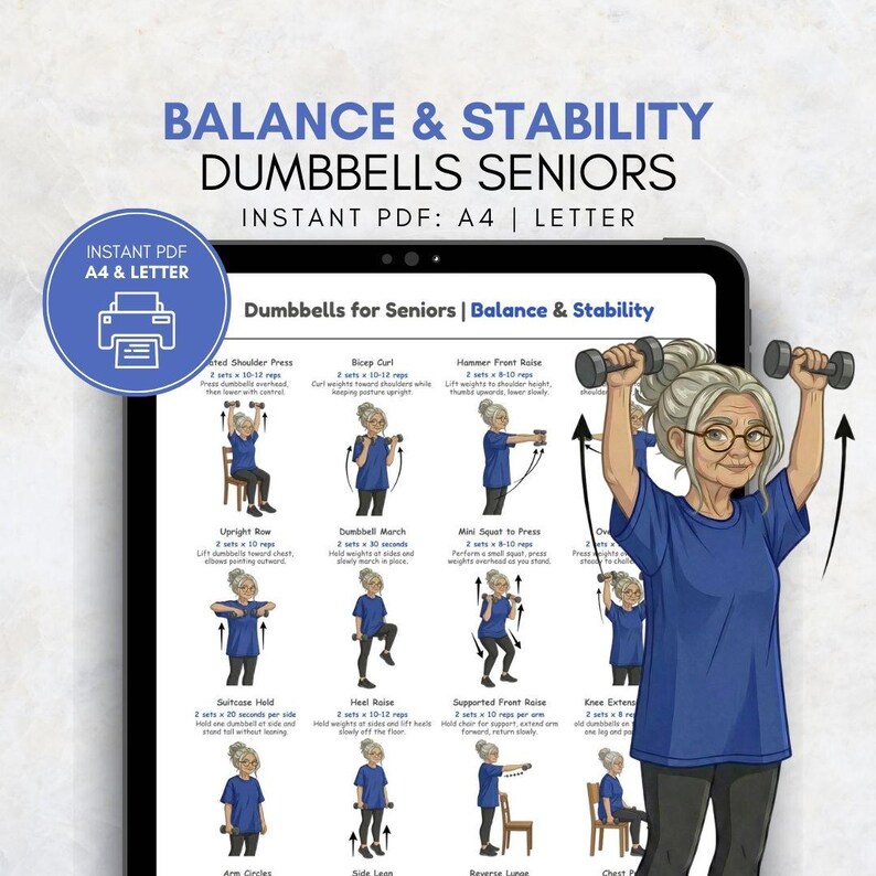 Dumbbell Exercises for Seniors Printable | Balance & Stability PDF ...