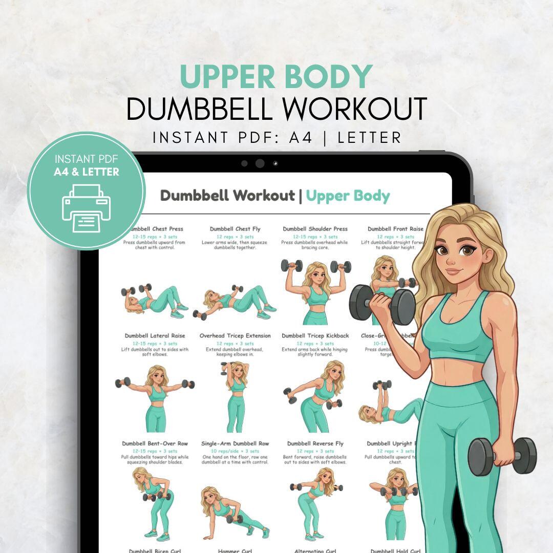 Upper Body Dumbbell Workout Poster, Arms Chest Shoulders Back Exercise ...