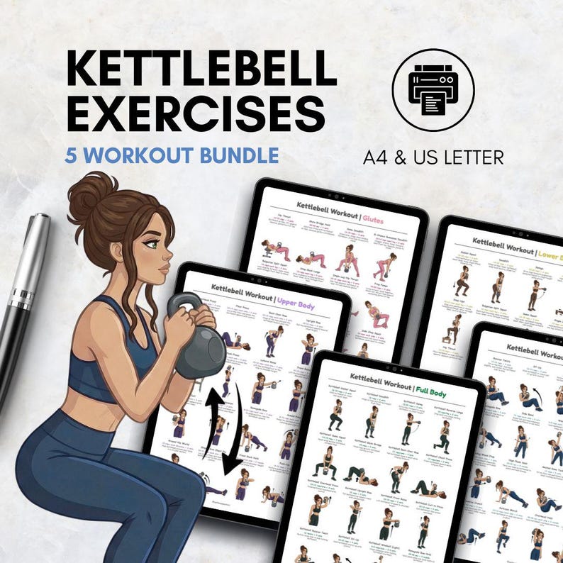 Kettlebell Workout Bundle Printable PDF | Kettlebell Exercise Chart ...