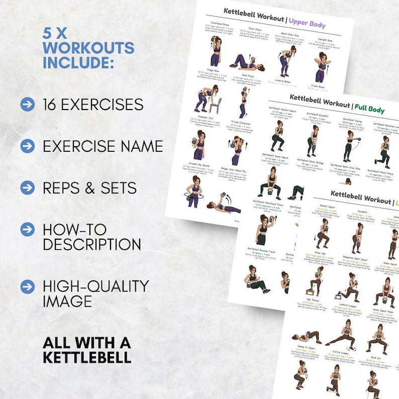 Kettlebell Workout Bundle Printable PDF | Kettlebell Exercise Chart ...