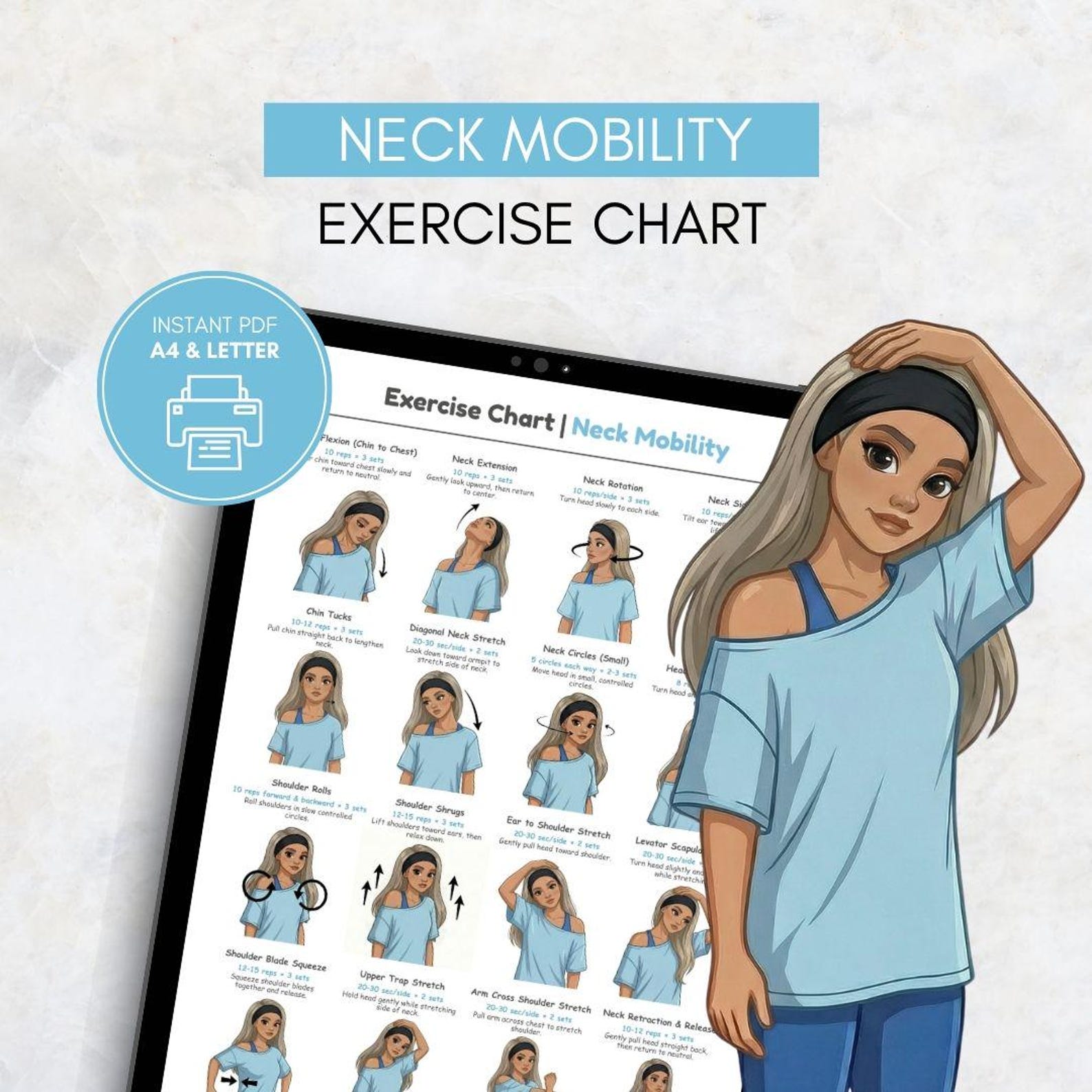Neck and Shoulder Stretch Chart for Seniors & Desk Workers | Gentle ...