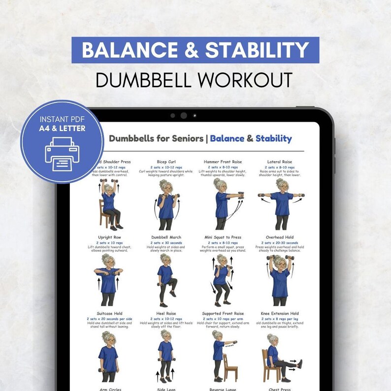 Dumbbell Exercises for Seniors Printable | Balance & Stability PDF ...