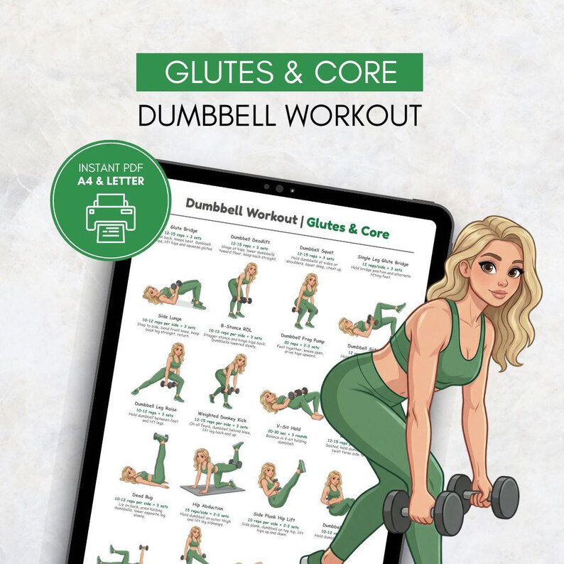 Dumbbell Glutes & Core Workout Poster | Glute Exercise Chart | Core ...