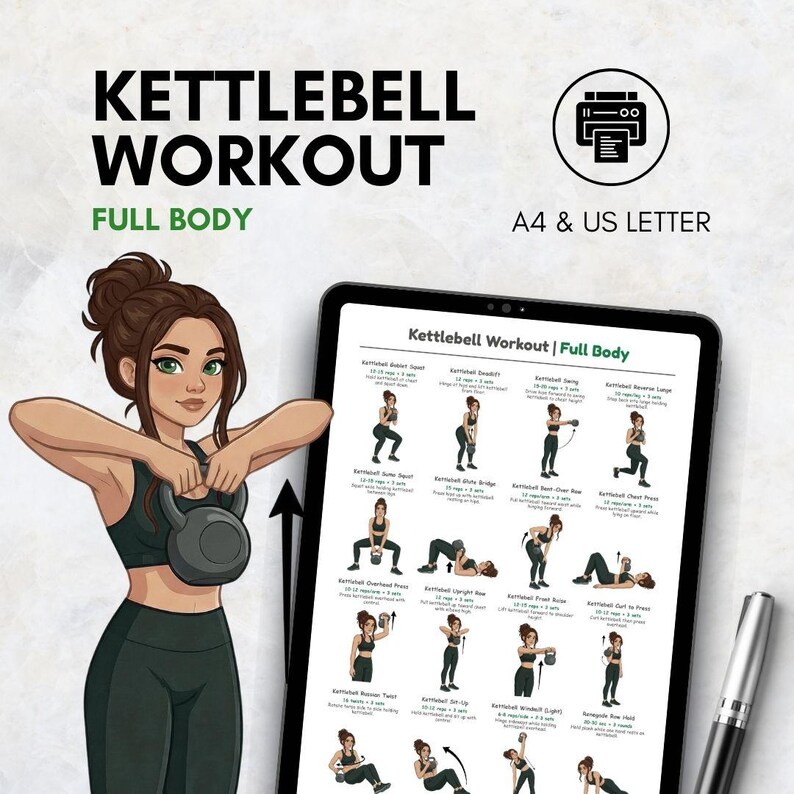 Kettlebell Full Body Exercises Poster | Beginner Kettlebell Workout ...