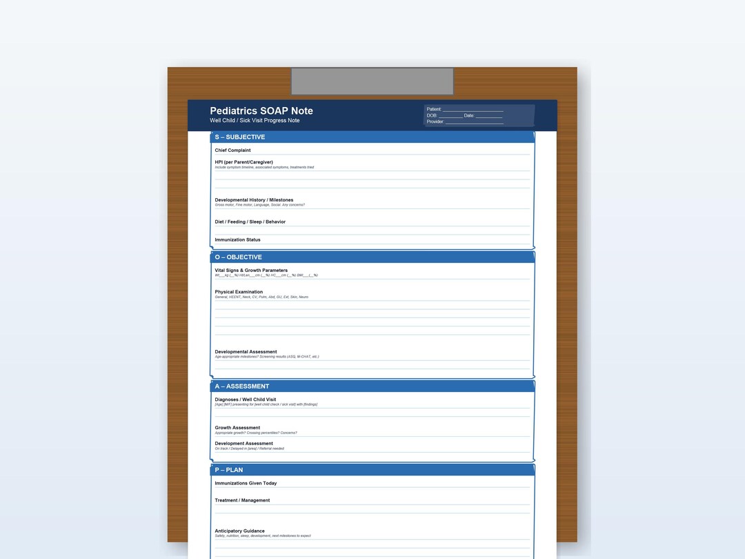 Pediatrics SOAP Note Template, Well Child Sick Visit, Peds Clerkship ...
