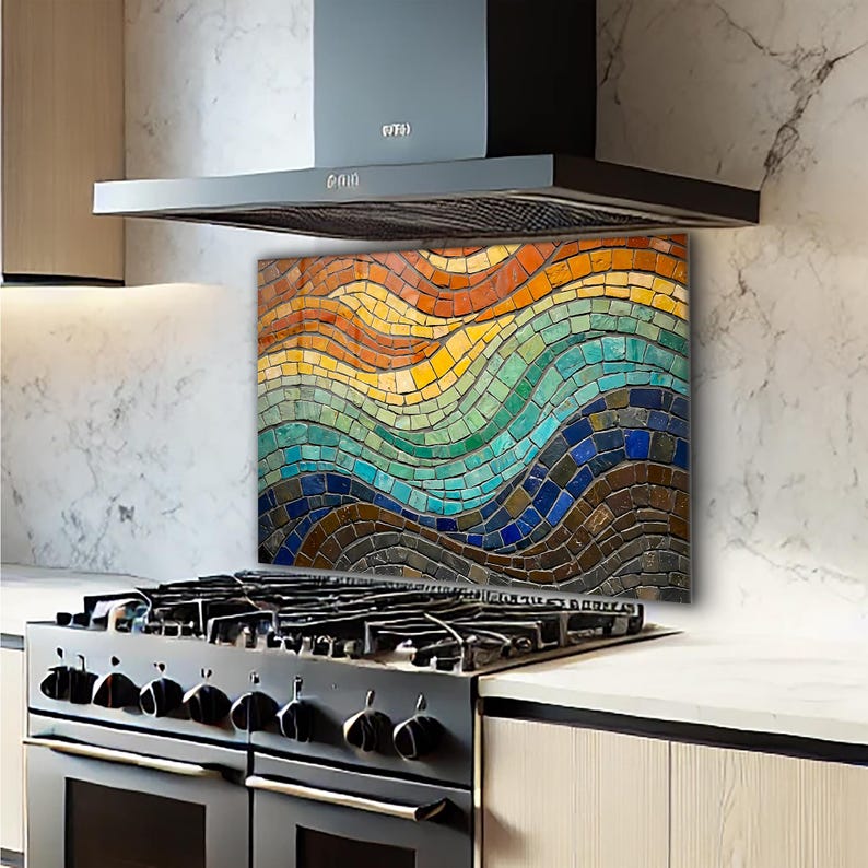 Mosaic Wave Tempered Glass Backsplash | Modern Kitchen Decor - Etsy