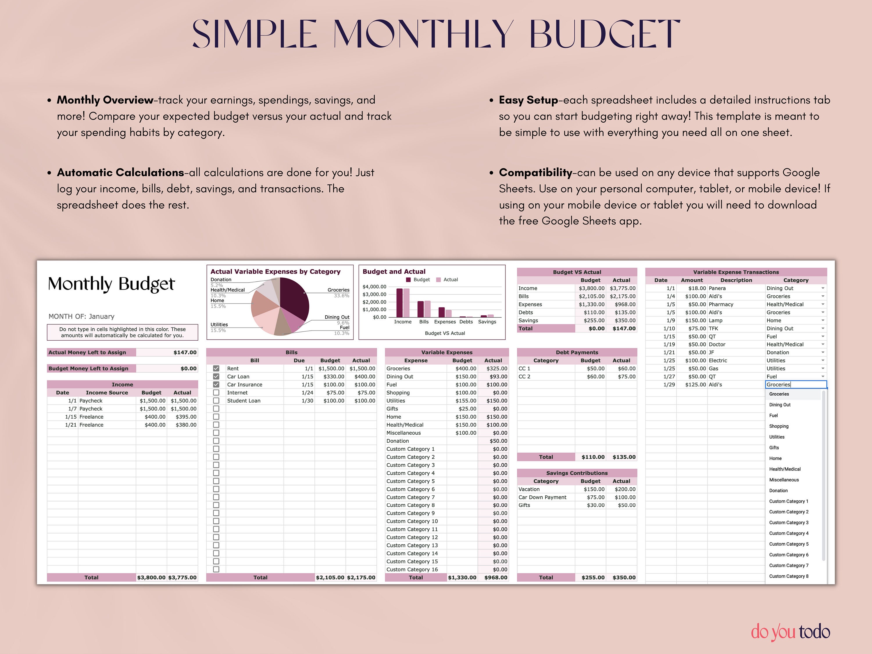 Simple Monthly Budget Spreadsheet Template, Google Sheets Budget ...