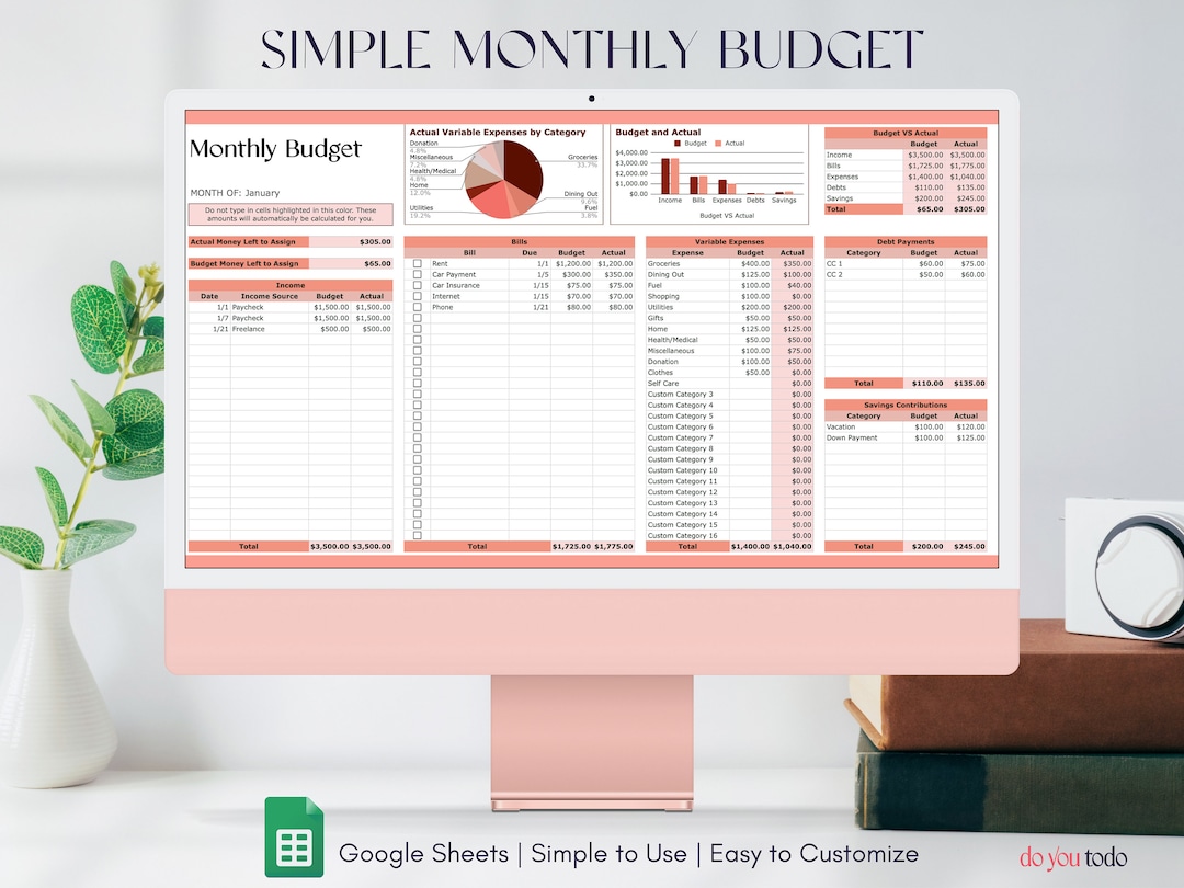 Simple Monthly Budget Spreadsheet Template, Google Sheets Budget ...