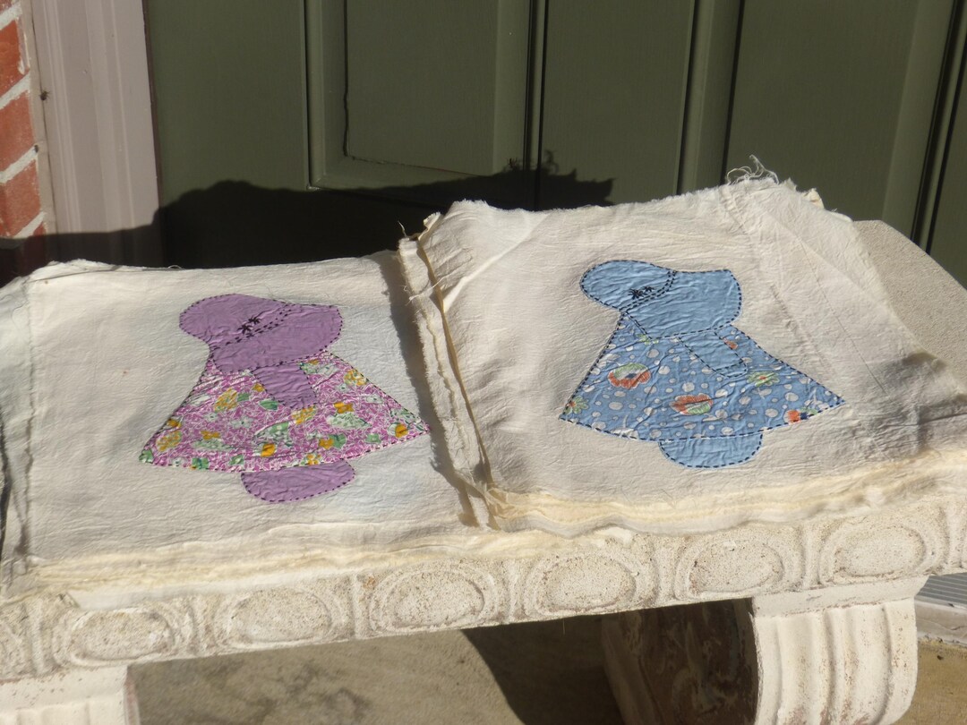 21 ~ Vintage Sue Bonnet Quilt Hand Appliqued and Embroidered Muslin ...