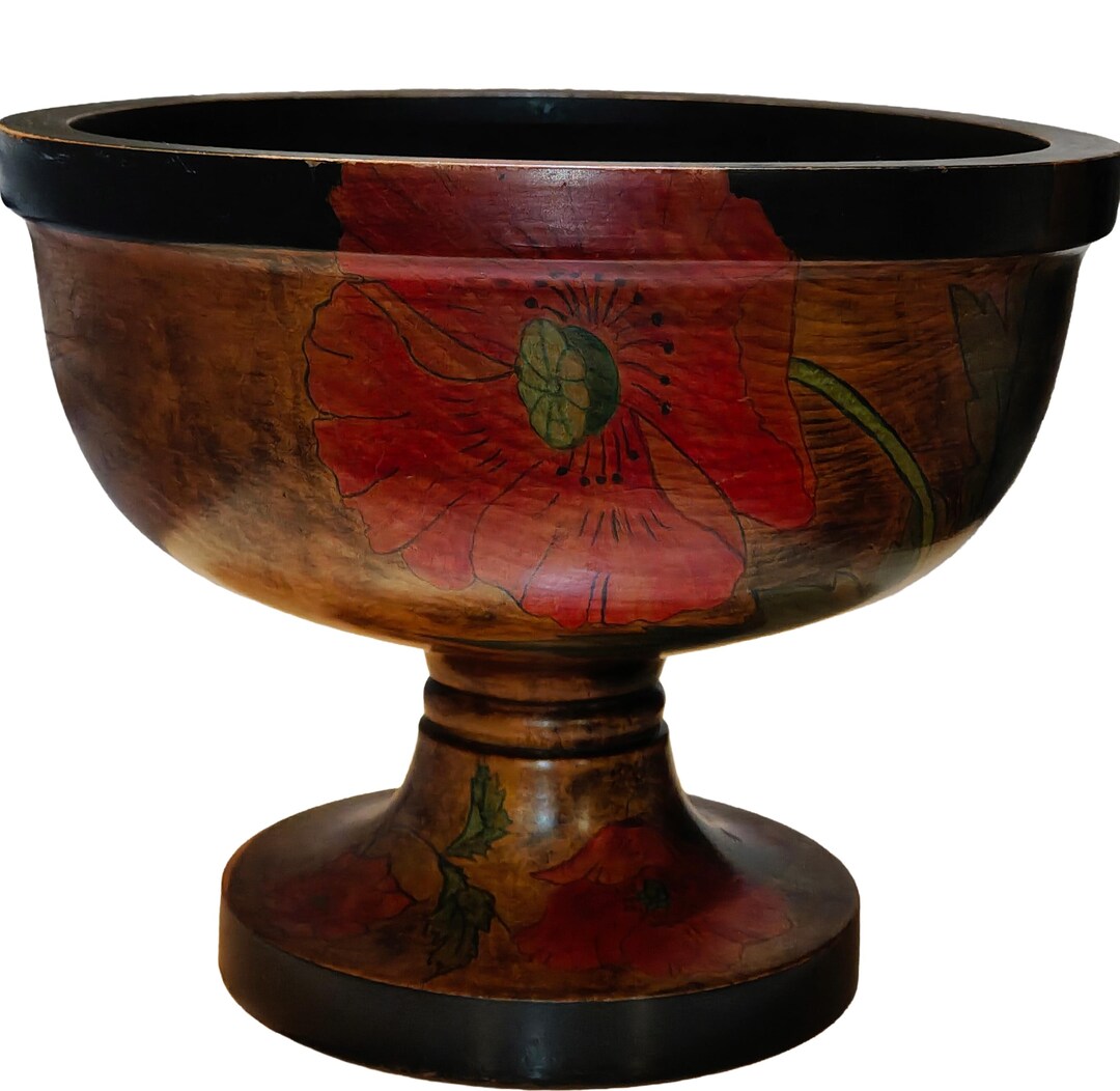 Vintage Turned Treen Bowl With Poppy Decoration, Pedestal Base Home ...