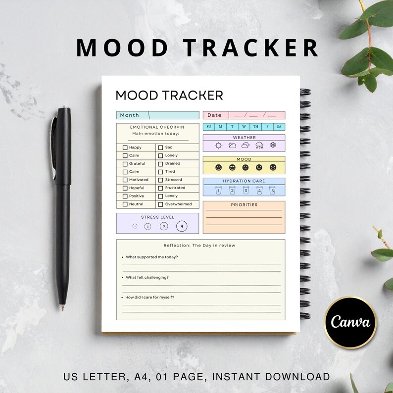 Monthly Mood Tracker Printable, Daily Planner, Canva Template (PDF ...
