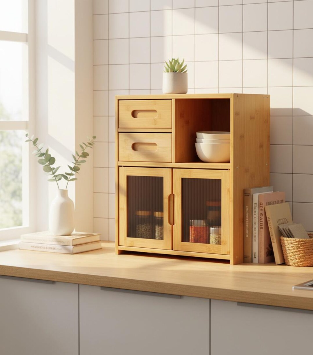 Bamboo Kitchen Pantry Cabinet With 2 Drawers – Bread Box Countertop ...