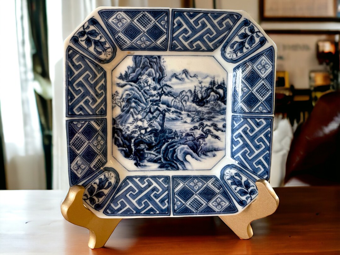 Small Antique Sometsuke Inban Transfer Porcelain Octagonal 6 X 6 Square ...