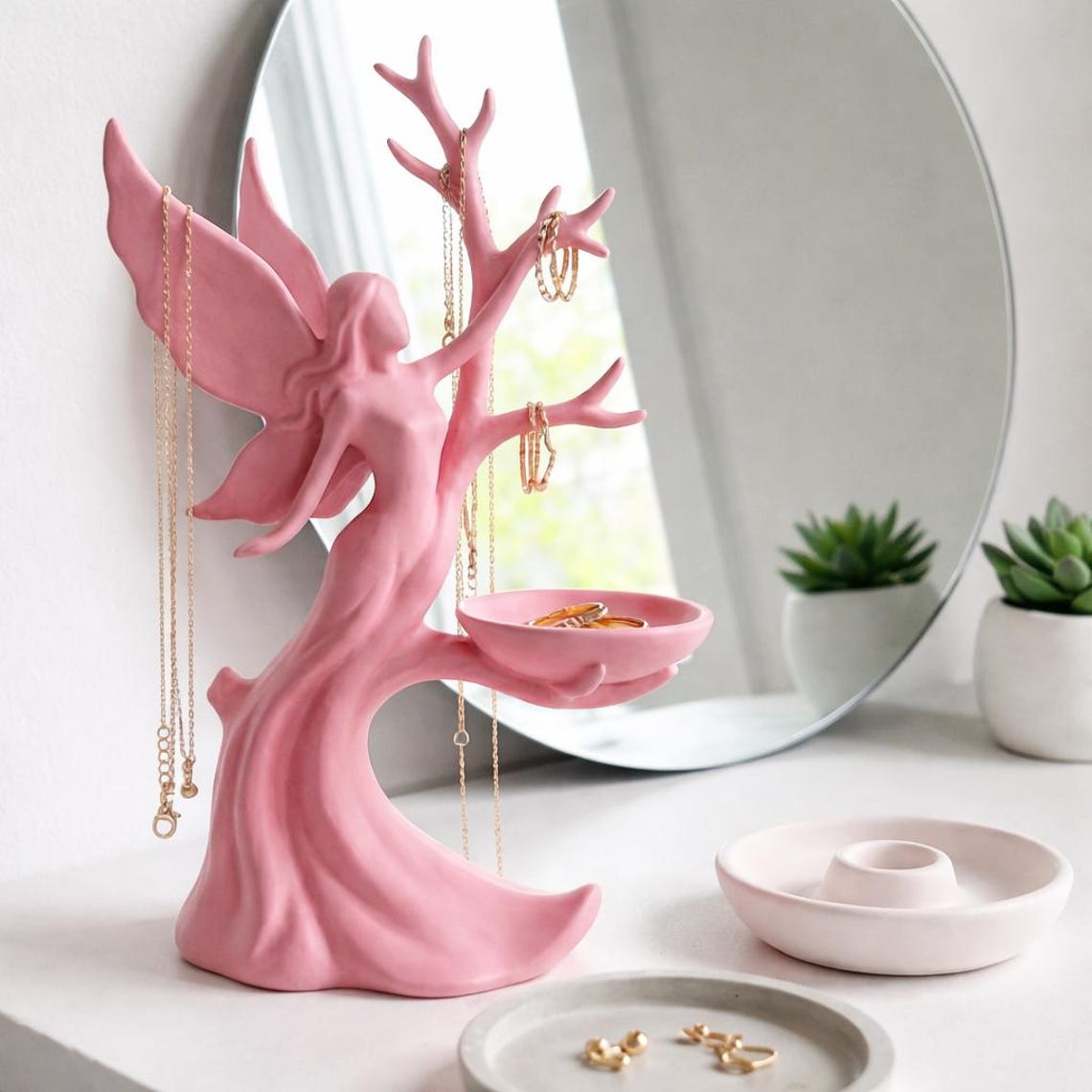 Fairy Tree Jewelry Organizer, Pink Necklace Holder Stand, Ring Tray ...