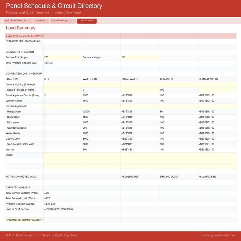 Electrical Panel Schedule Template | Circuit Directory Excel XLSX ...
