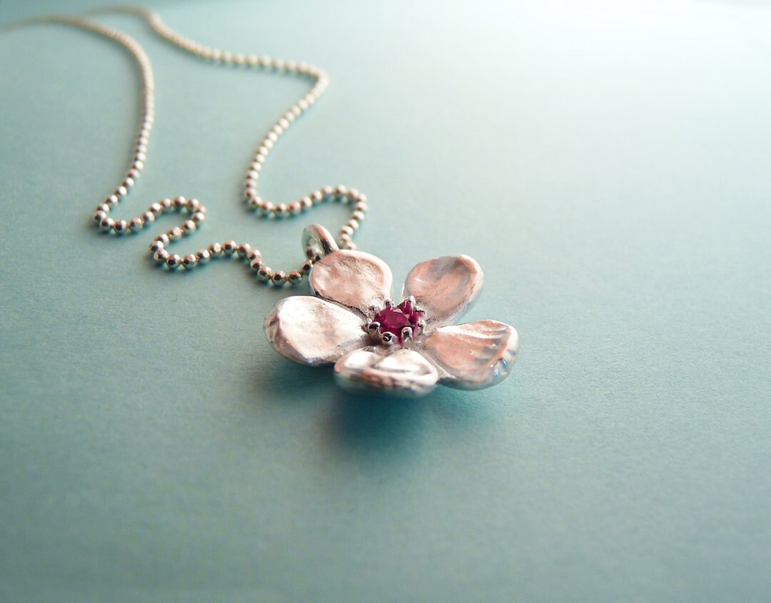 Silver Cherry Blossom Necklace With Ruby - Etsy