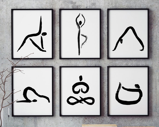 Yoga Poses Art Set of 6, Yoga Studio Decor, Yoga Art Print Set 6, Yoga ...
