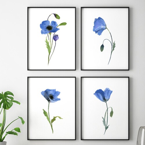 Blue Flowers Print Set of 3 Blue Poppy Wall Art Poppies - Etsy