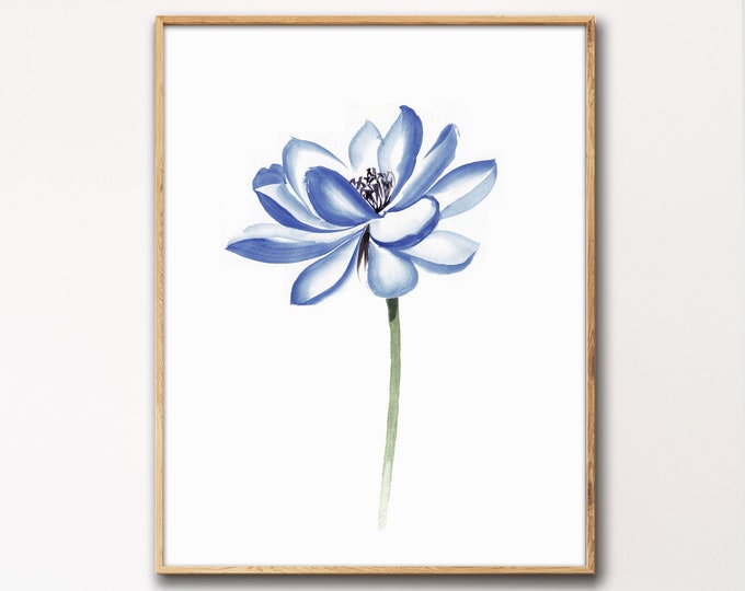 Watercolor Lotus Flower, Blue Wall Decor, Flower Wall Art, Blue Print ...