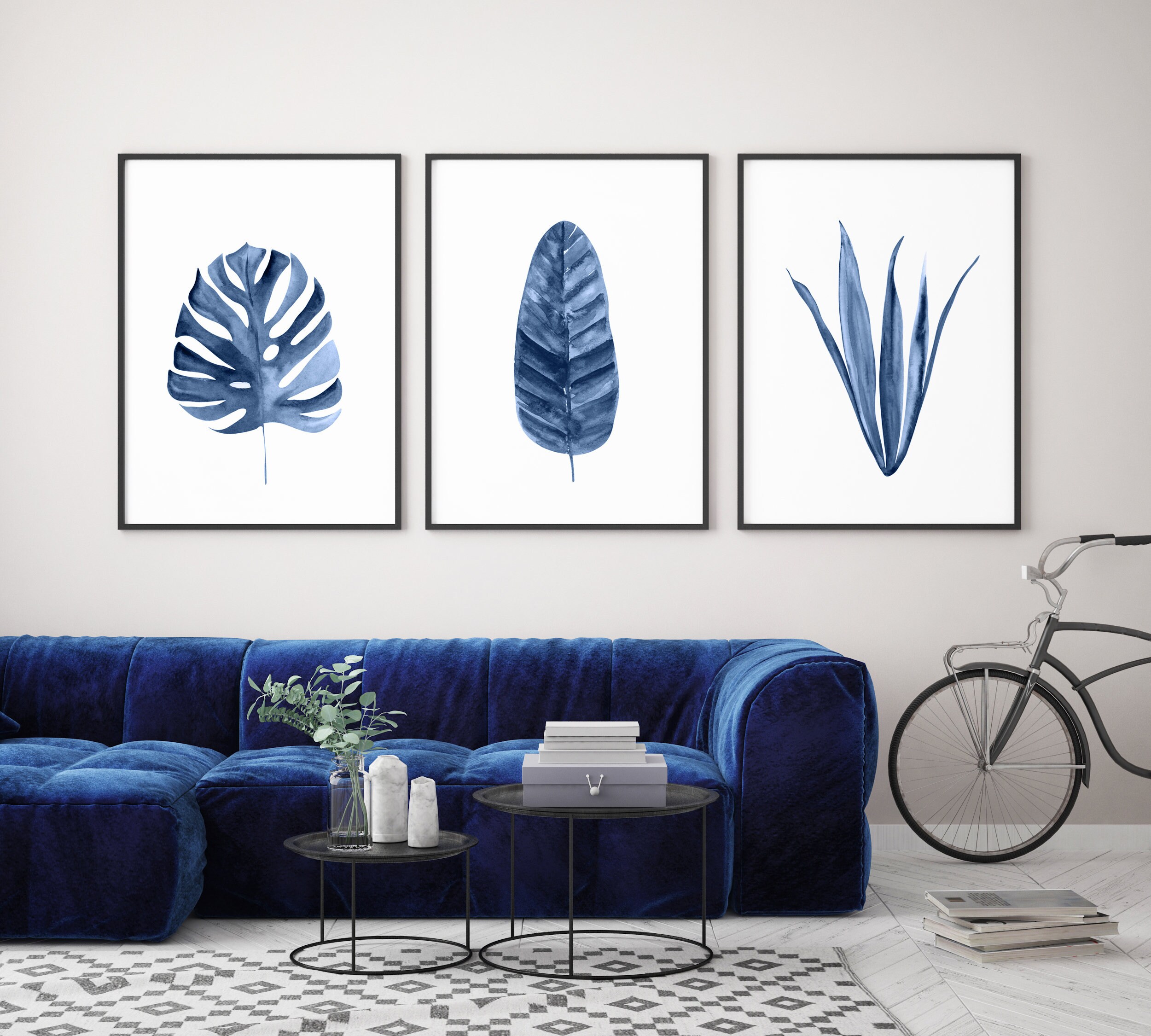 Blue Wall Art Leaf Print Set of 3 Blue Botanical Print | Etsy