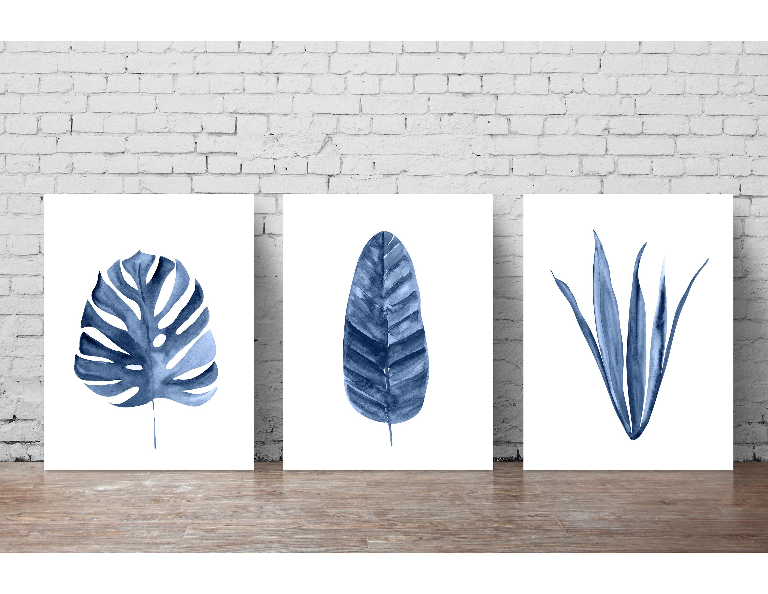 Blue Wall Art Leaf Print Set of 3 Blue Botanical Print | Etsy