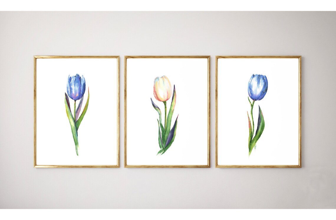 Blue Tulips Print Set of 3 Tulips Painting Blue Flowers - Etsy