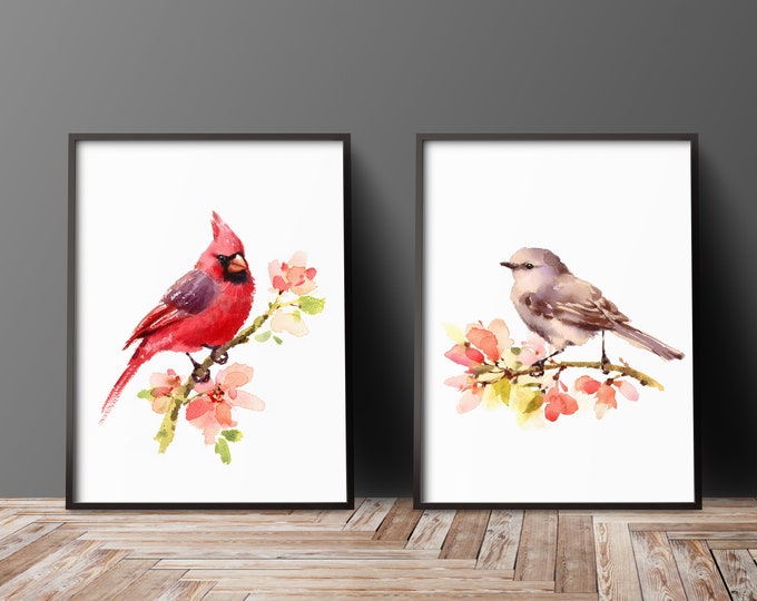 Watercolor Birds Flowers Print, Set of 2, Bird Painting Wall Decor ...