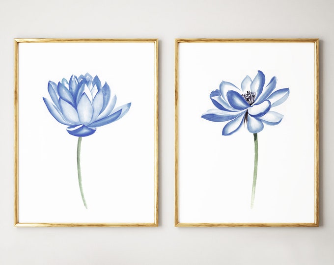 Blue Lotus Flower Set of 2, Watercolor Flower Painting Set, Blue Home ...