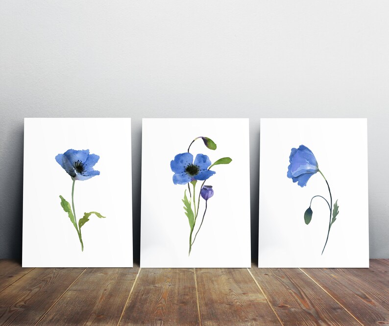 Blue Flowers Print Set of 3 Blue Poppy Wall Art Poppies - Etsy