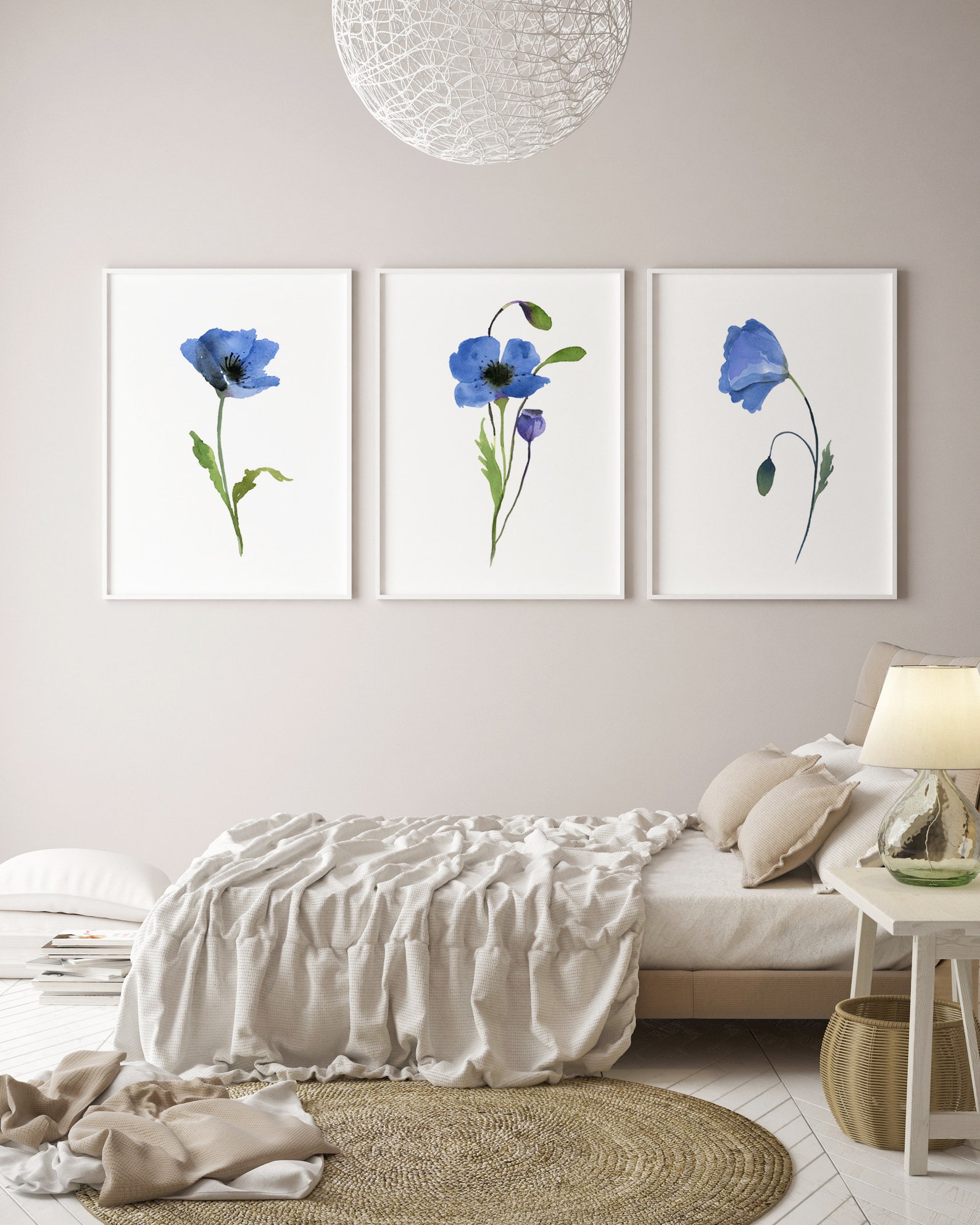 Blue Flowers Print Set of 3 Blue Poppy Wall Art Poppies | Etsy