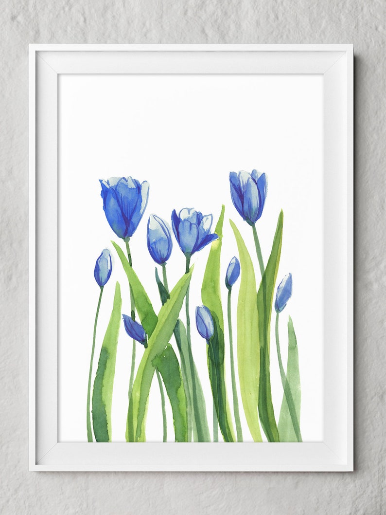 Blue Tulips Painting Blue Flower Print Blue Floral Wall Art - Etsy