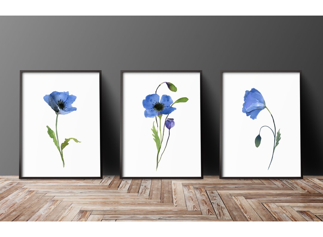 Blue Flowers Print Set of 3 Blue Poppy Wall Art Poppies - Etsy