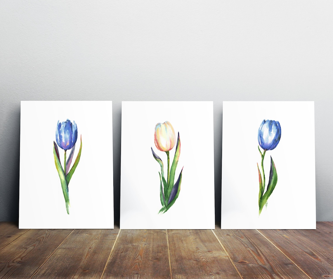Blue Tulips Print Set of 3 Tulips Painting Blue Flowers | Etsy