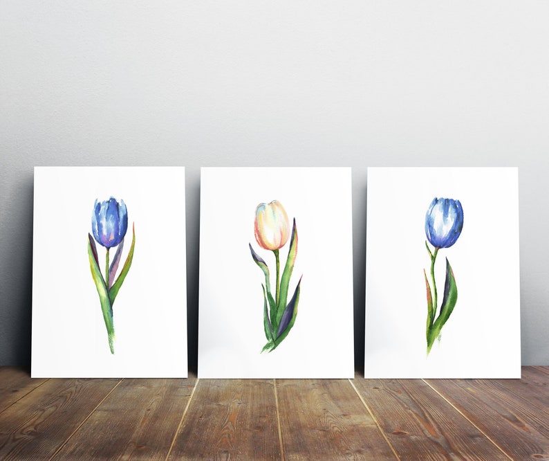 Blue Tulips Print Set of 3 Tulips Painting Blue Flowers - Etsy