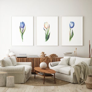 Blue Tulips Print Set of 3, Tulips Painting, Blue Flowers Print Wall ...