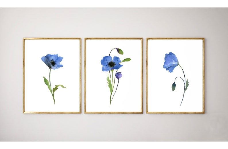 Blue Flowers Print Set of 3 Blue Poppy Wall Art Poppies - Etsy