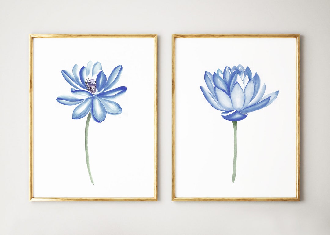 Blue Watercolor Lotus Flower Set of 2 Flower Painting Set - Etsy