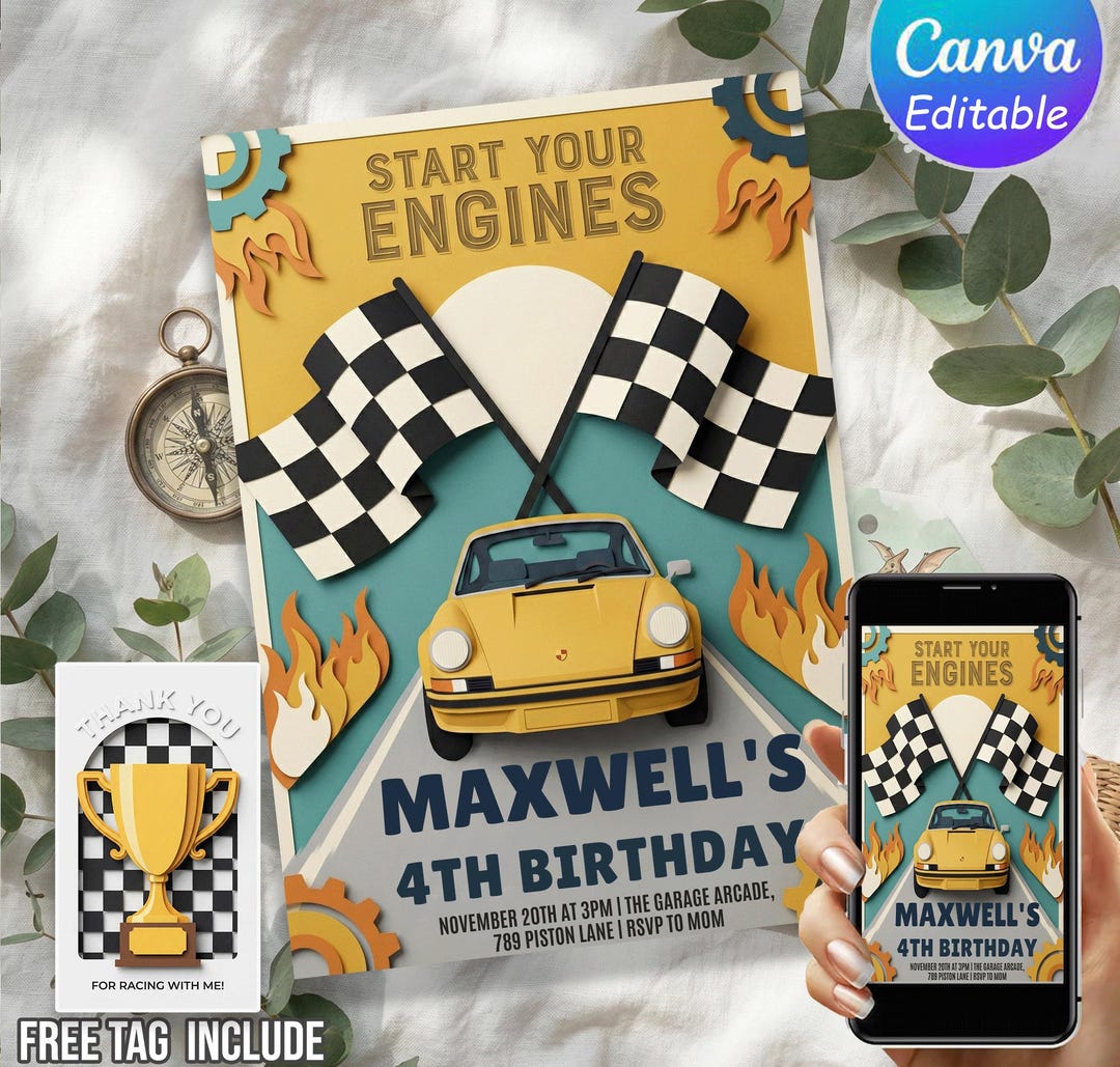 Editable Race Car Birthday Invitation | Vintage Racing Party Invite Boy ...