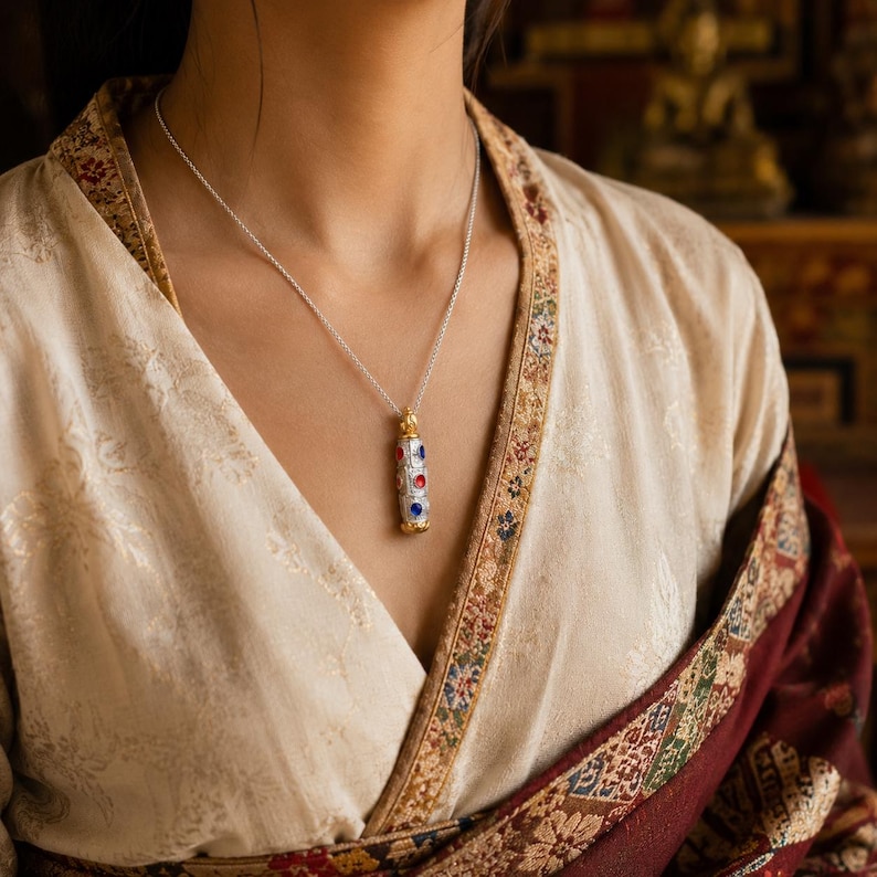 Tibetan Dzi Necklace, Vintage Openable Prayer Box Pendant, Silver Gold ...