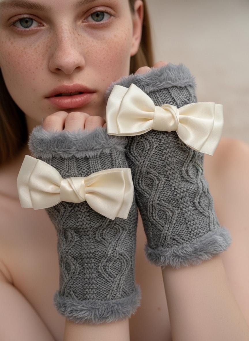 Fingerless Knit Arm Warmers With Bow, Sweet Cropped Sleeves Hand ...