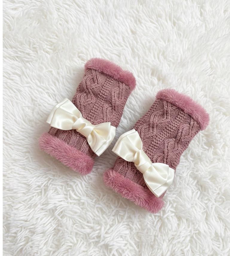 Fingerless Knit Arm Warmers With Bow, Sweet Cropped Sleeves Hand ...