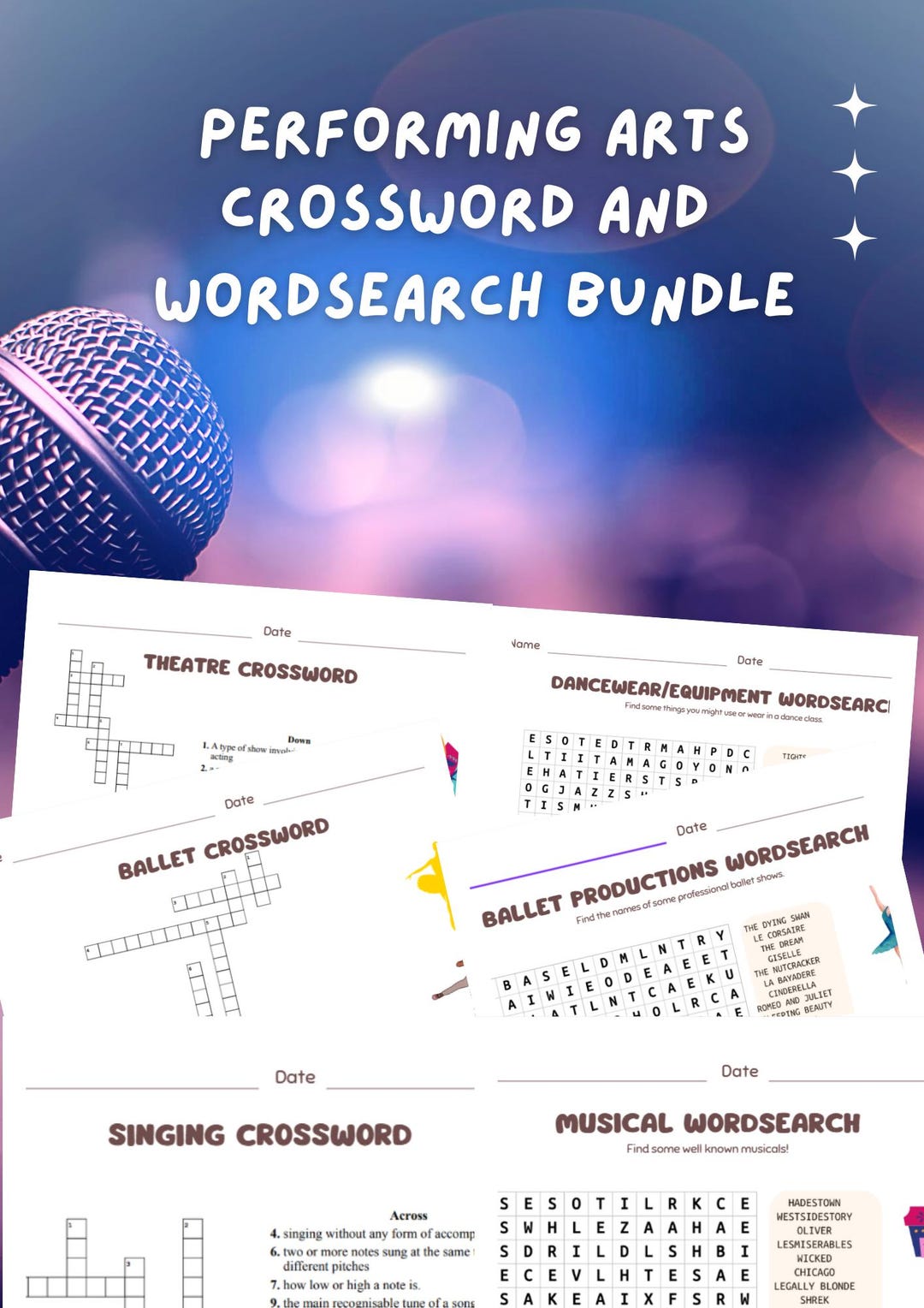 Crossword AND Wordsearch Bundle Performing Arts Themed, 11 Wordsearches ...