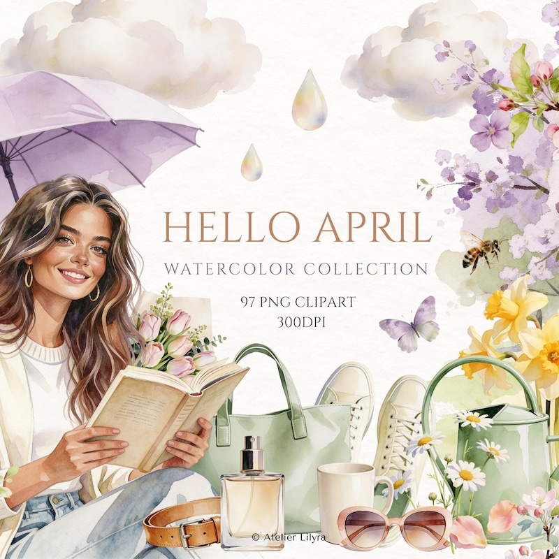 Watercolor April Clipart - Etsy