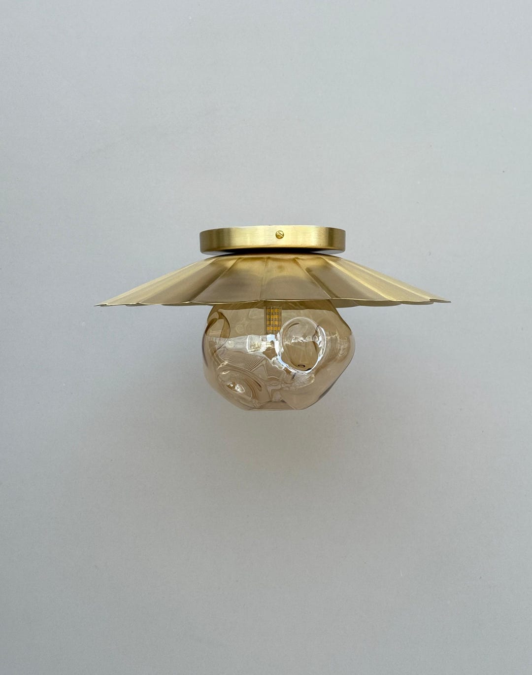 Modern Brass Fluted Flush Mount Light – Pleated Shade, Textured Glass ...